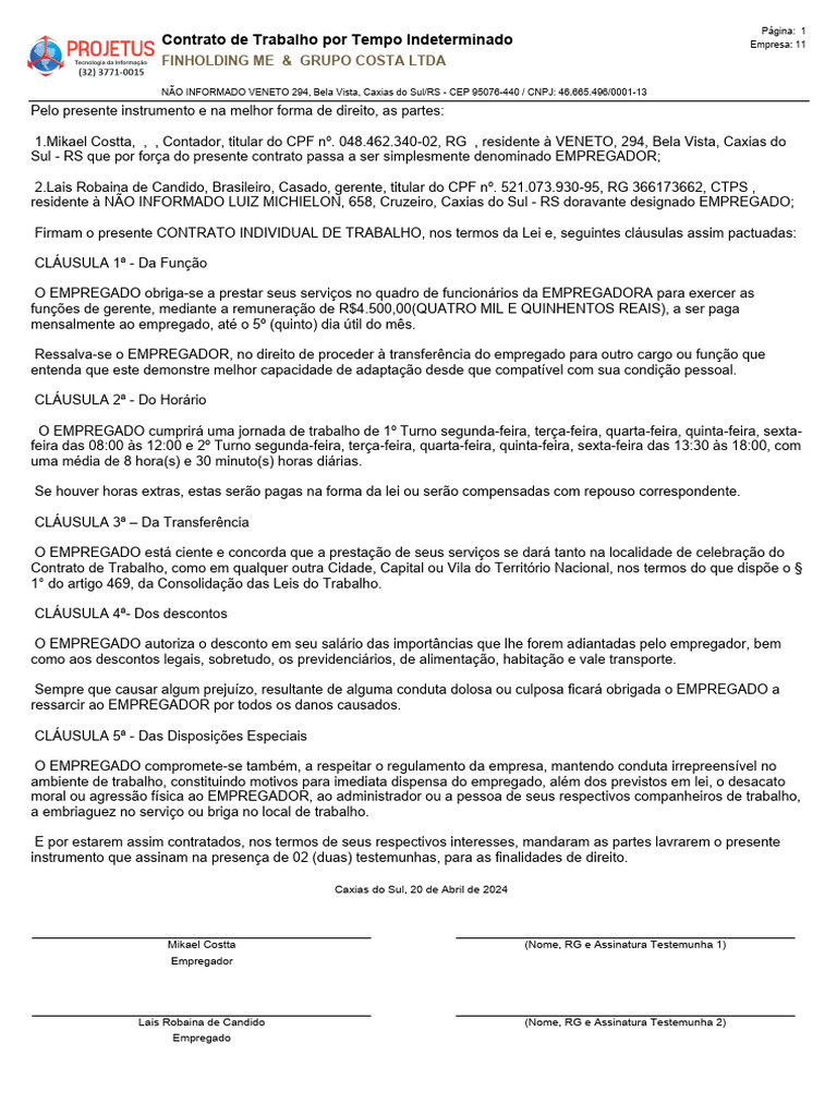 Contrato de Trabalho Por Tempo Indeterminado | PDF