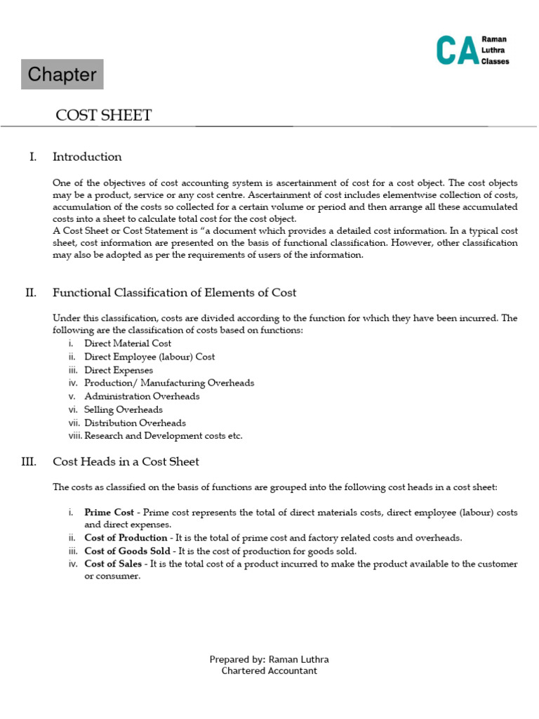 COST SHEET | PDF | Cost Of Goods Sold | Cost