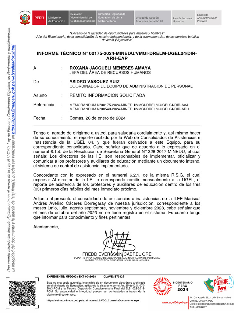 Informe Tecnico 00175 2024 Minedu Vmgi Drelm Ugel04 Dir Arh Eap | PDF ...