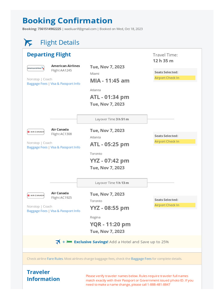 Booking Confirmation: Flight Details | PDF | Fee