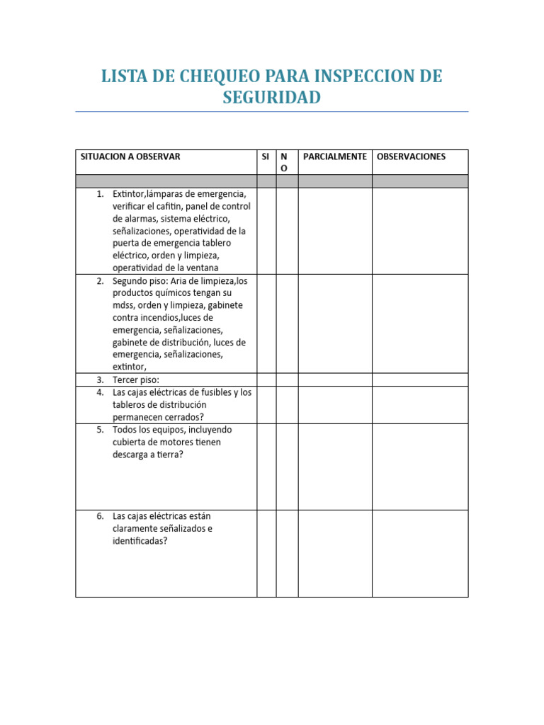 Formato de Lista de Chequeo para Inspeccion de Seguridad | PDF