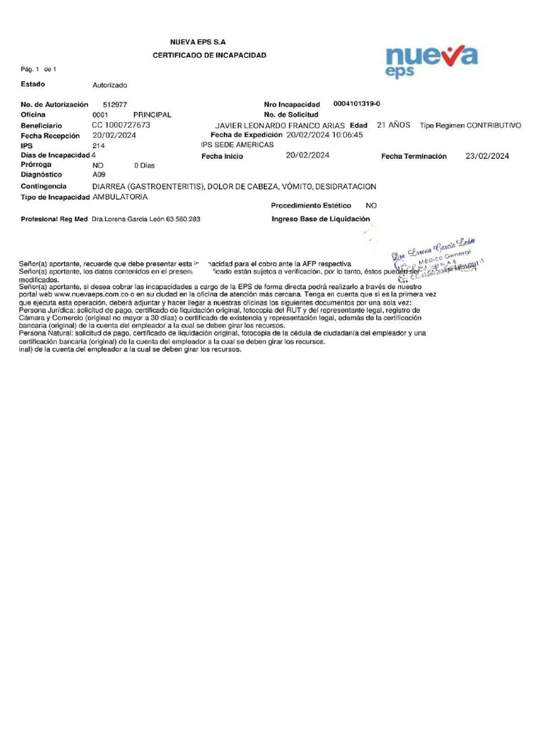 Incapacidad Nueva EPS | PDF