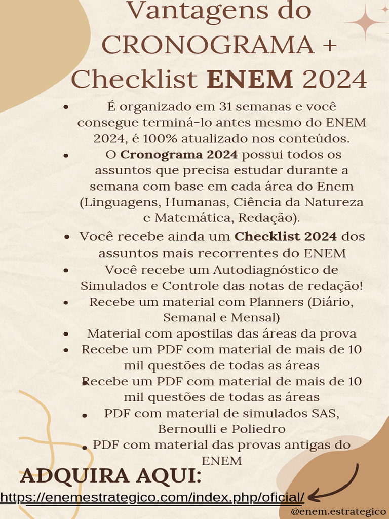 Vantagens Do Cronograma + Checklist ENEM 2024 Atualizado PDF | PDF | Arte