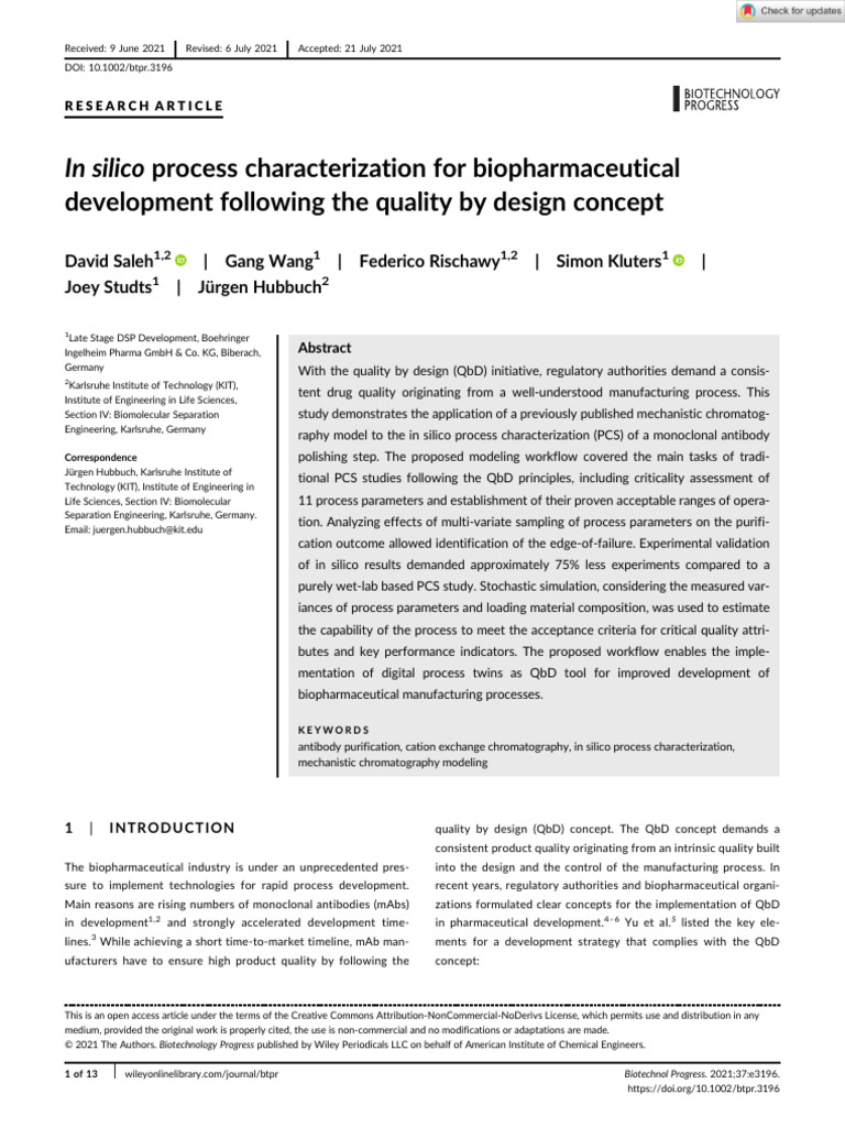 Biotechnology Progress - 2021 - Saleh - in Silico Process Characterization For Biopharmaceutical ...