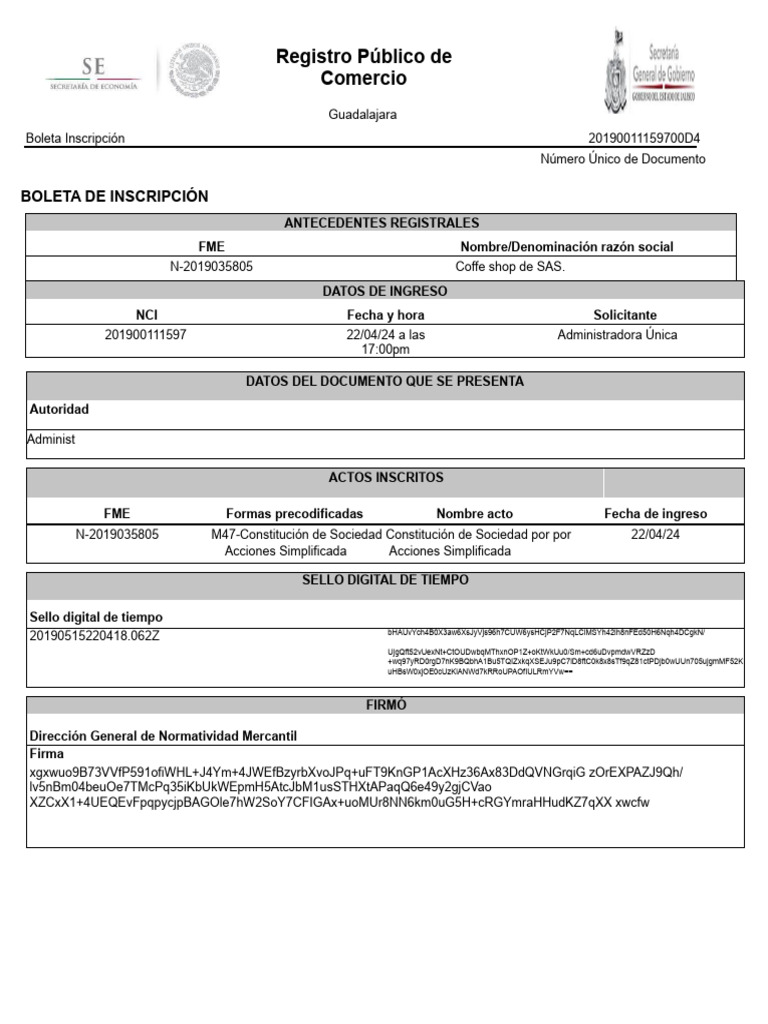 Boleta de Inscripción al Registro Público | PDF | Finanzas y dinero