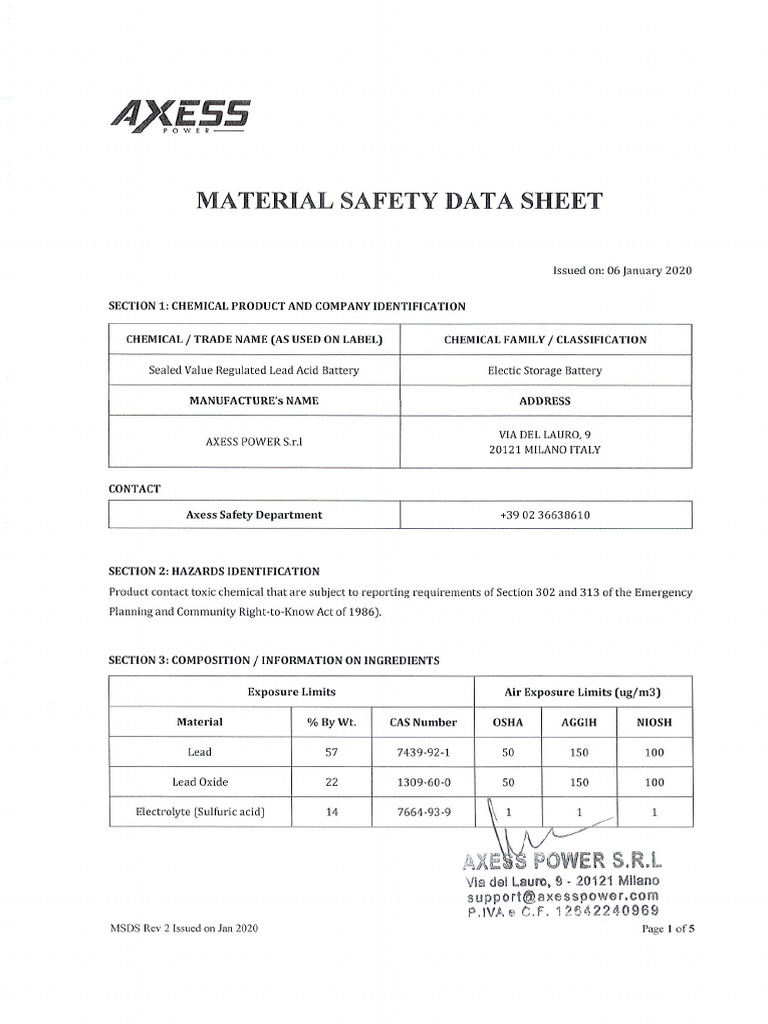 Axess Power MSDS - Material Safety Data Sheet - 240331 - 123608 | PDF
