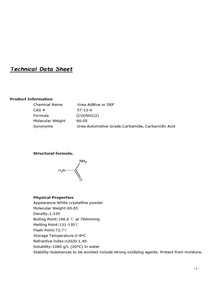 Urea AdBlue (DEF) Technical Data Sheet | PDF | Chemical Substances ...