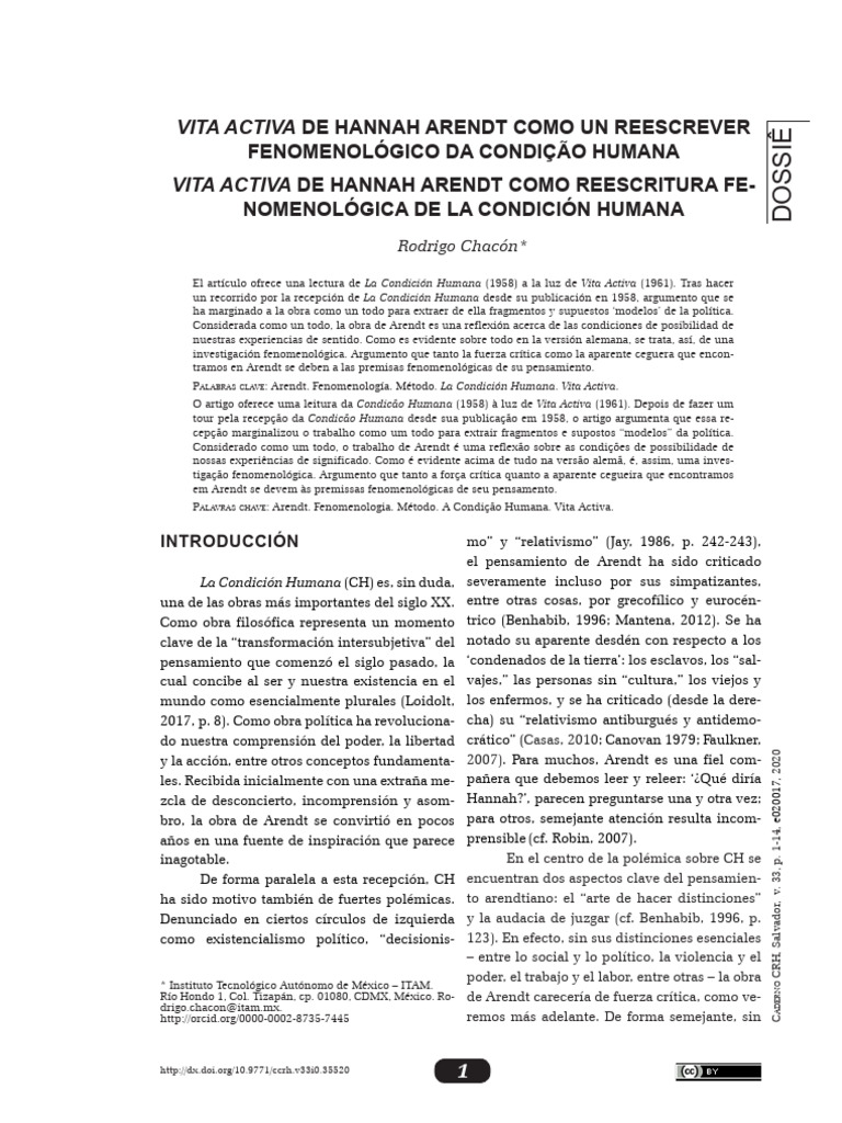 Vita Activa de Hannah Arendt Como Reescritura Feno | PDF | Hannah ...