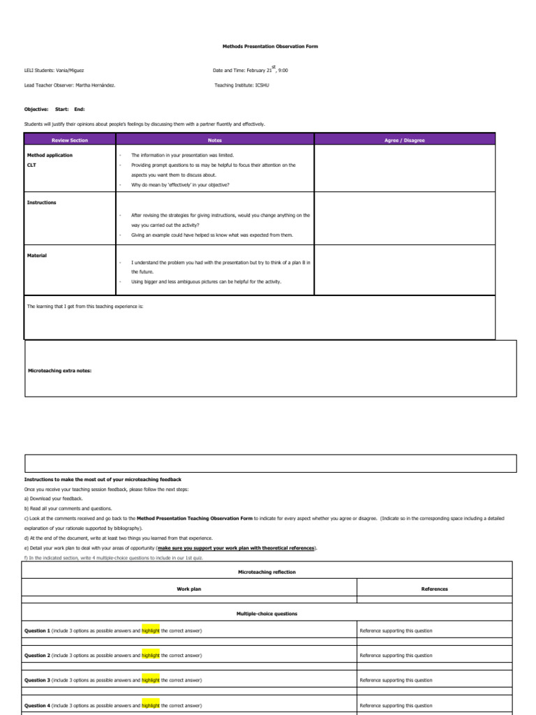Methods Presentation Observation Form (Vania - Miguez) | PDF | Teaching ...