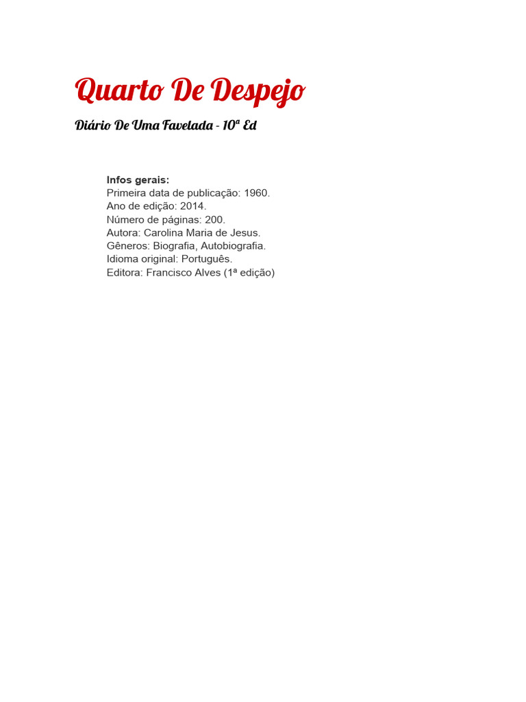 Quarto de Despejo: Diário de Carolina | PDF | Favela | Pobreza