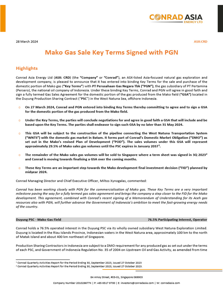 Mako Gas Sale Agreement with PGN | PDF | Natural Gas | Risk