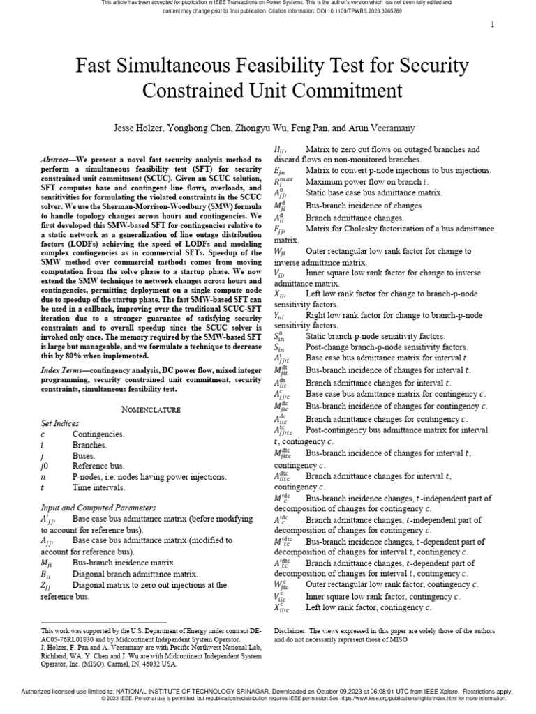 Fast Simultaneous Feasibility Test For Security Constrained Unit ...