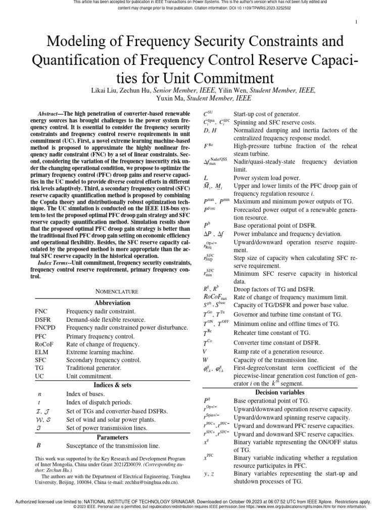 Modeling of Frequency Security Constraints and Quantification of Frequency Control Reserve ...