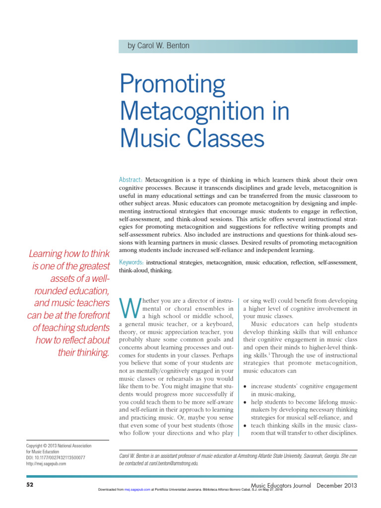 Meta Cognition - Music Educators Journal-2013-Benton-52-9 | PDF ...