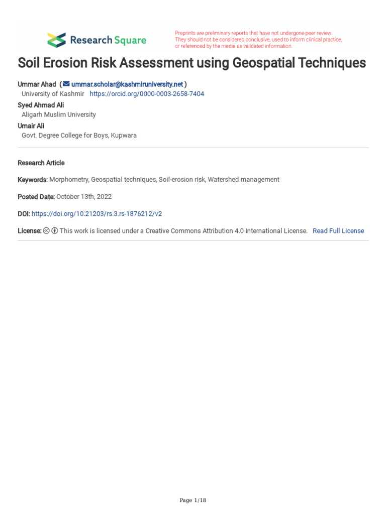 Soil Erosion Risk Assessment Using Geospatial Tech | PDF | Drainage Basin | Stream