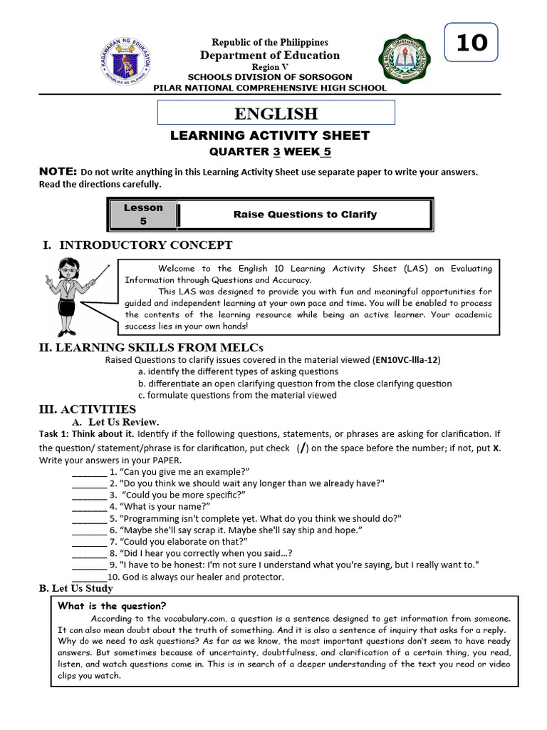 Las Eng10 Q3 W5 | PDF | Question | Learning