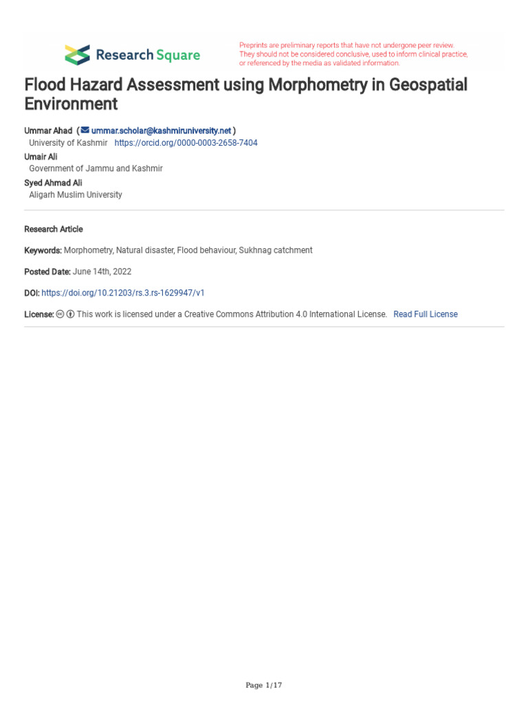 Flood Hazard Assessment Using Morphometry in Geosp | PDF | Drainage Basin | Flood