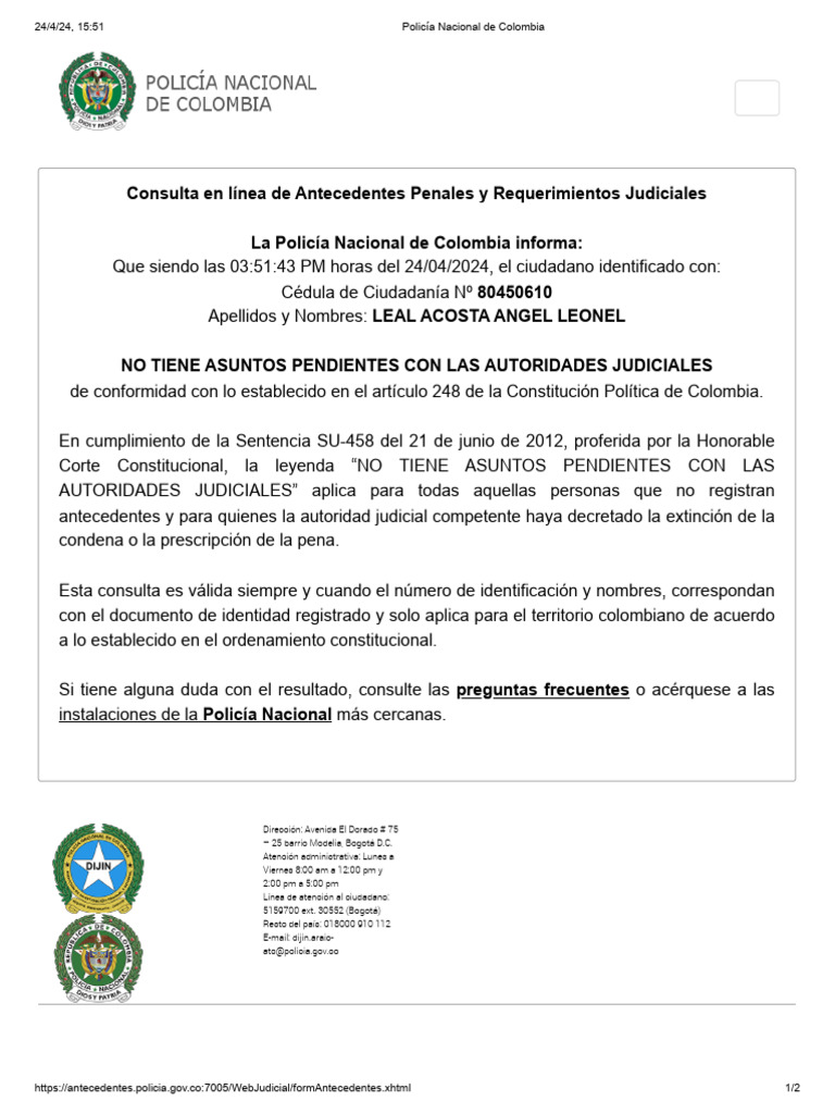 Cert - Leonel Policia | Descargar gratis PDF | Documento de identidad | Colombia