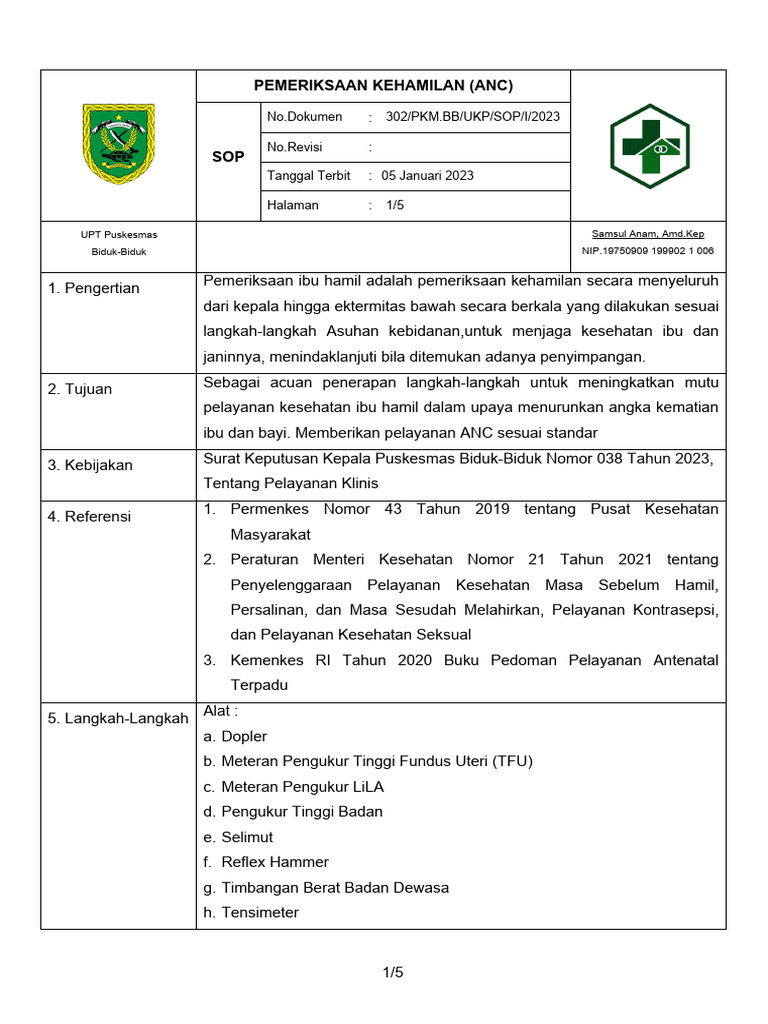 SOP Pemeriksaan Kehamilan - Antenatal Care | PDF | Sains & Matematika