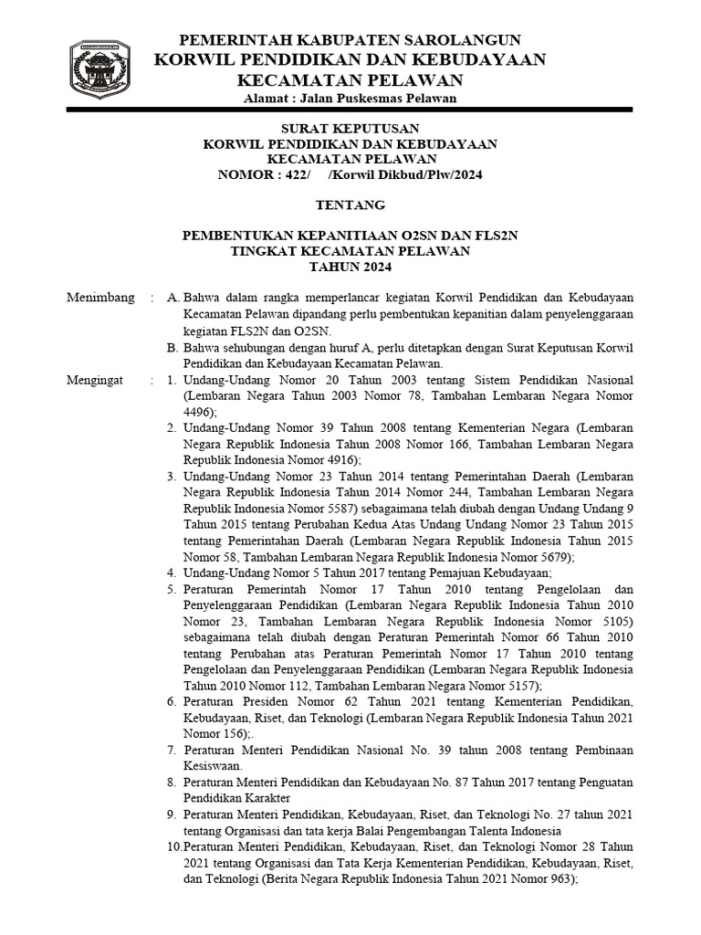 01 Sk-Panitia-Fls2n O2sn Kec. Pelawan 2024 | PDF