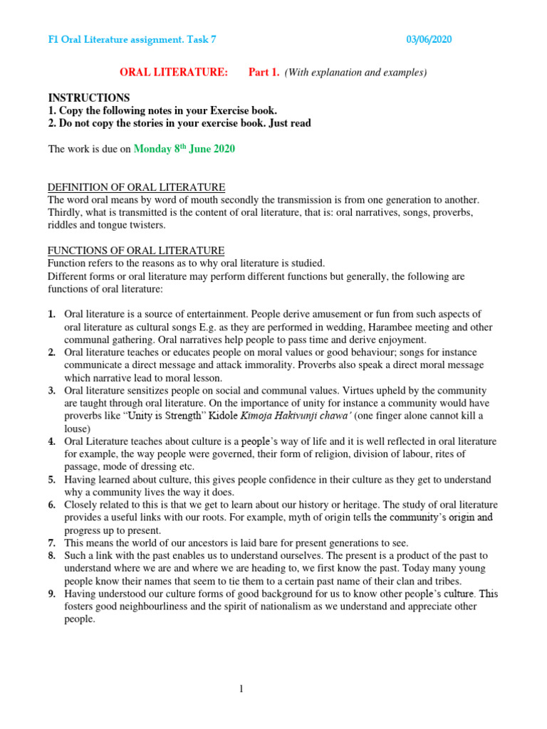 Form 1 Oral Literature Notes Part 1. Task 7 | PDF | Storytelling ...