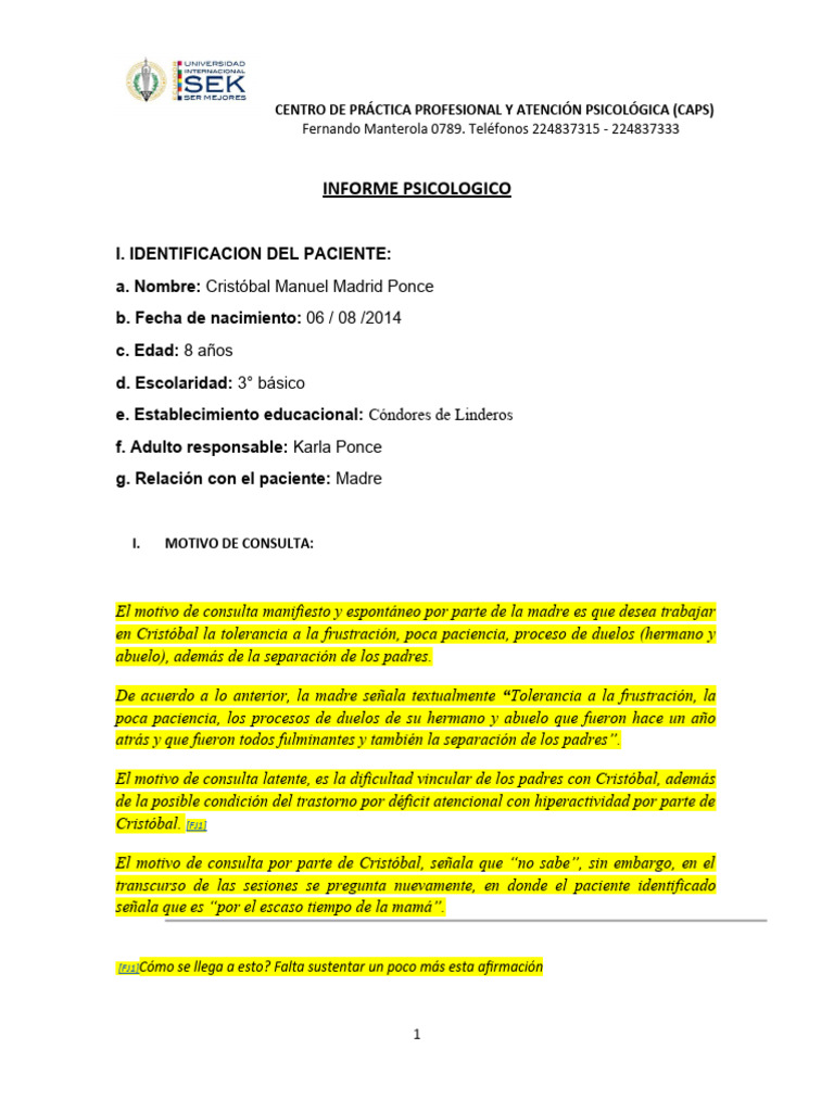 Formato Informe Psicologico Colegio Tribunal Infanto Juvenil 2021 | PDF | Desorden hiperactivo y ...