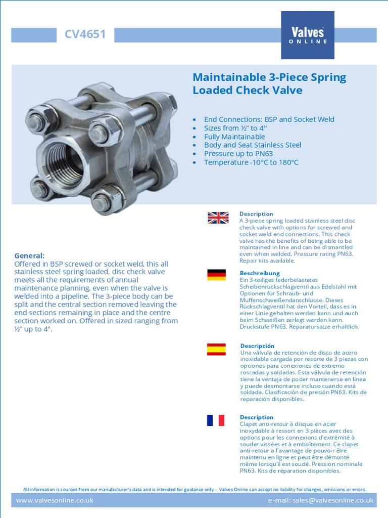 3" Spring Loaded Check Valve Details | PDF | Valve | Equipment