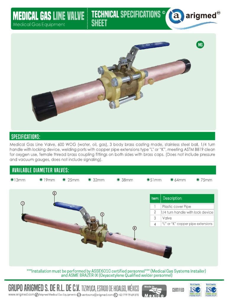 Medical Gas Line Valve Technical Specifications | PDF