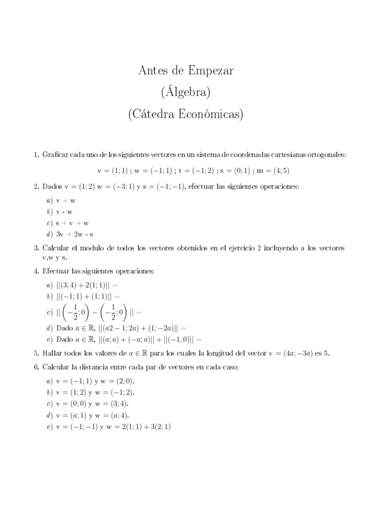 Ejercicios NivelaciÃ N Ã Lgebra | PDF | Vector Euclidiano | Matemáticas
