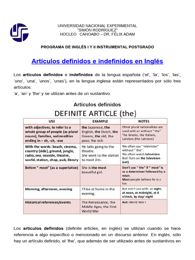 Artículos Definidos e Indefinidos en Inglén y Álgebra | PDF ...