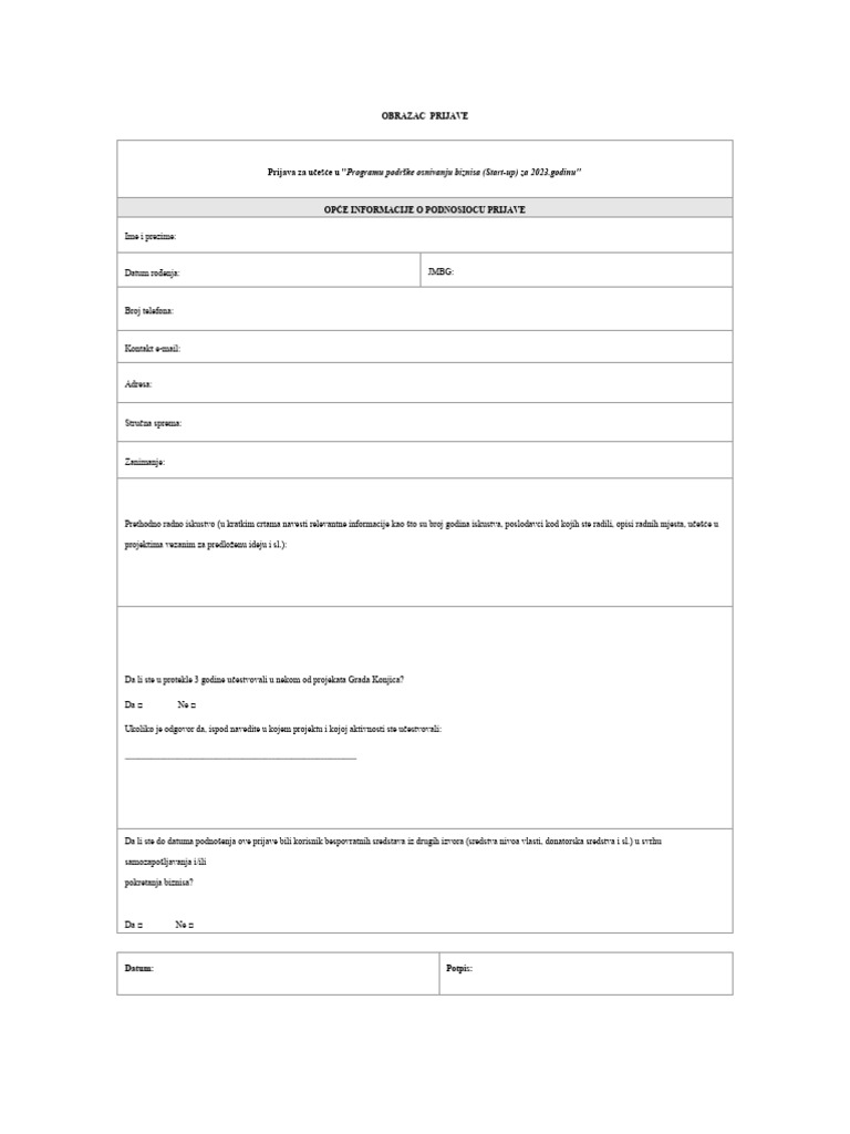 Obrazac Prijave Start Up | PDF