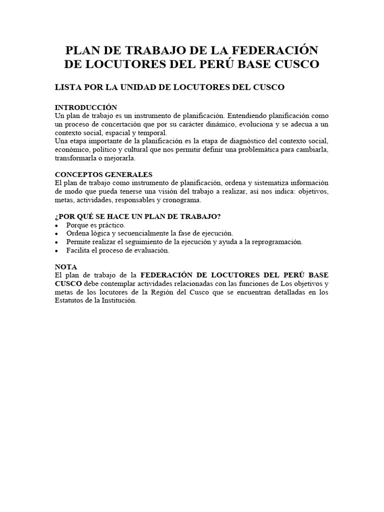 Plan de Trabajo FLP BRC de Locutores 2022 | PDF | Planificación ...