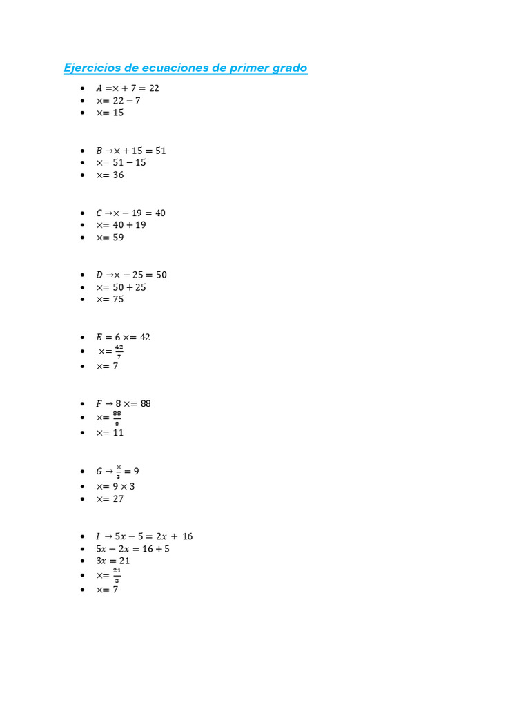 Ejercicios de Ecuaciones de Primer Grado | PDF