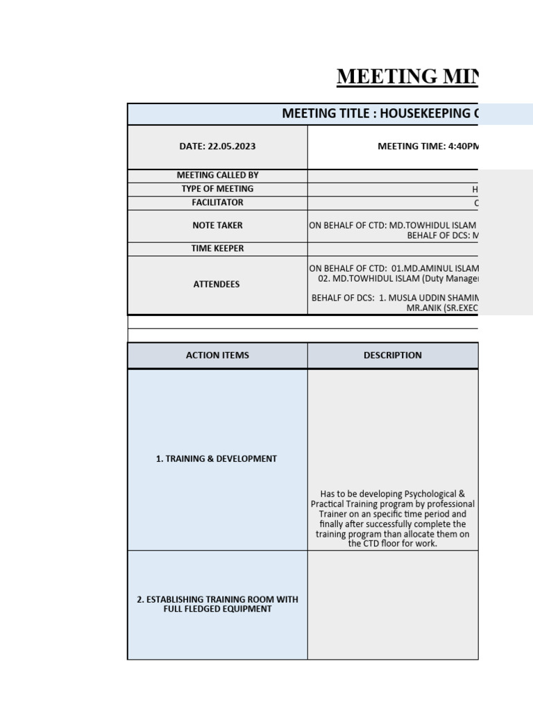 Housekeeping Meeting Minutes Summary | PDF | Workplace | Industrial And ...