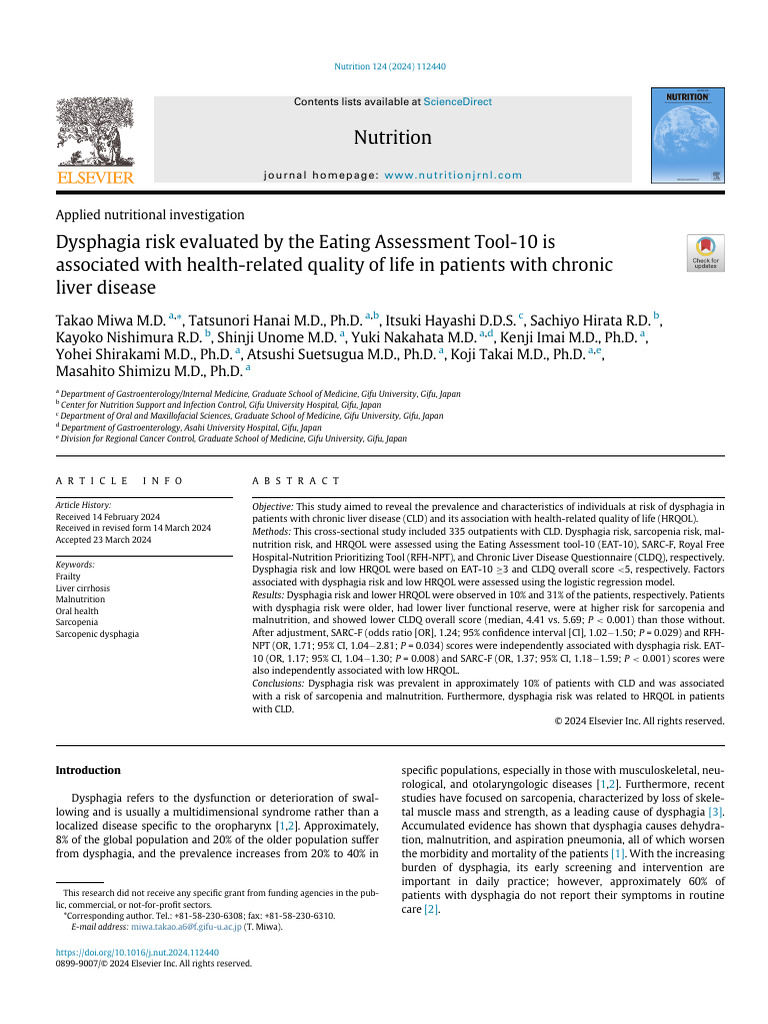 Dysphagia Risk Evaluated by The Eating Assessment Tool-10 | PDF ...