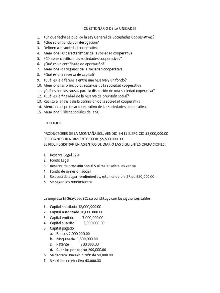Cuestionario y Ejercicios de Sociedades Cooperativas | PDF | Negocios | Finanzas y dinero