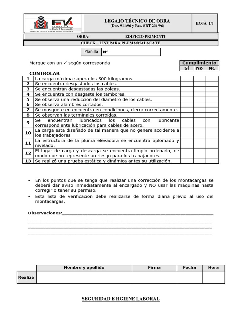 Check List de Pluma. Malacate | PDF