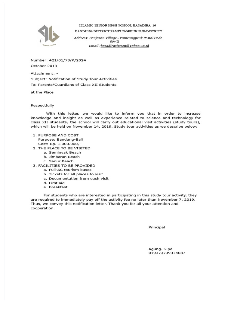 Study Tour Notice for Class XII Parents | PDF
