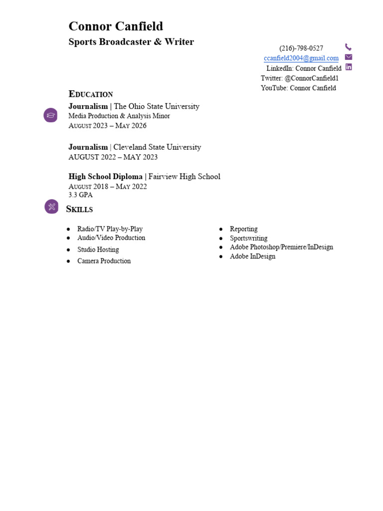Connor Canfield Resume | Download Free PDF | Entertainment | Mass Media