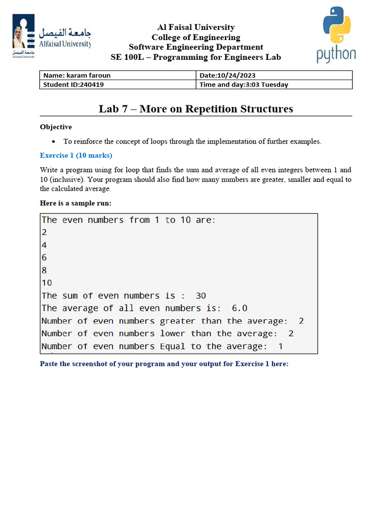 Lab 7 SE 100L Fall 2023 Karam | PDF | Computer Engineering | Computer Science