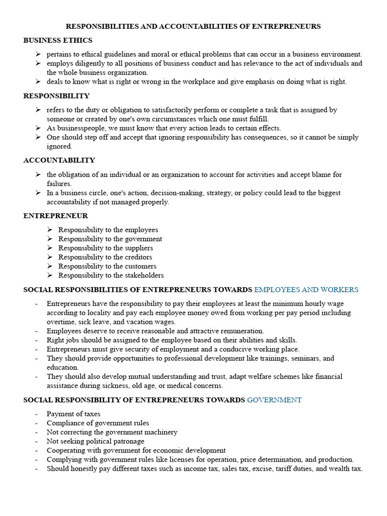 Entrepreneurial Responsibilities & Ethics | PDF | Taxes | Corporate ...