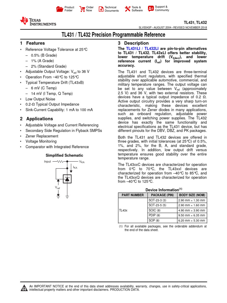 TL431/TL432 Precision Reference Guide | PDF | Electrostatic Discharge | Resistor