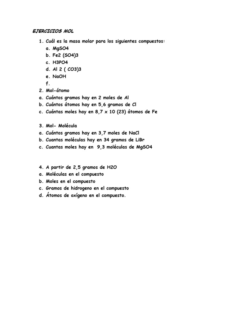 Ejercicios de Cálculo de Moles y Masa | PDF | Métodos y materiales de ...