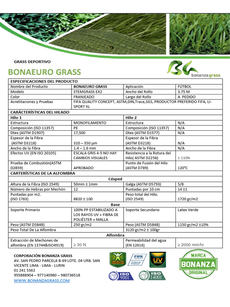Ficha Técnica Bonaeuro Grass Original - Marca Bonanza | PDF | Textiles