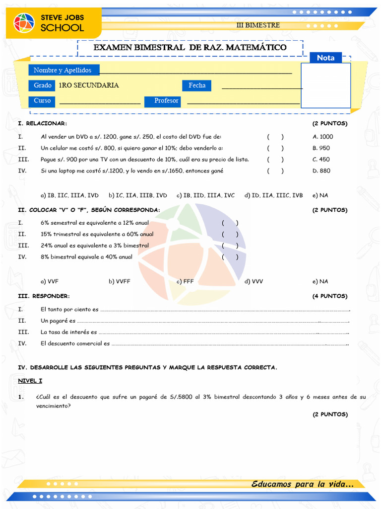 Formato para Examen Bimestral - Matemática | PDF