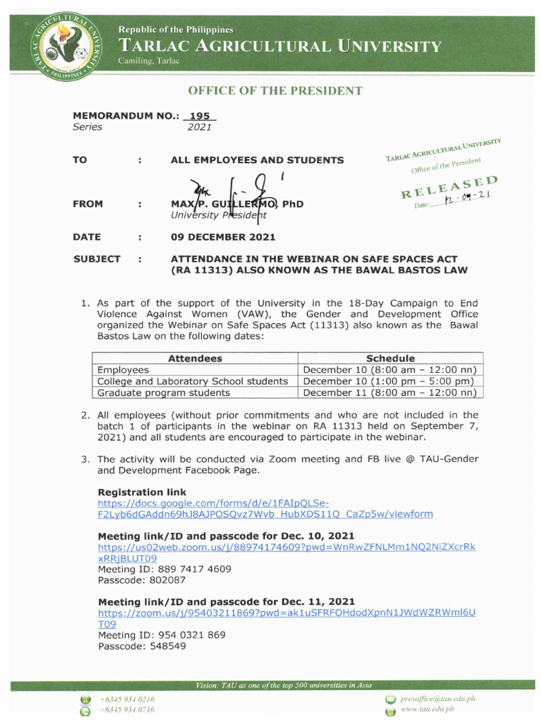 2021 195 Attendance in The Webinar On Safe Spaces Act RA 11313 Also ...