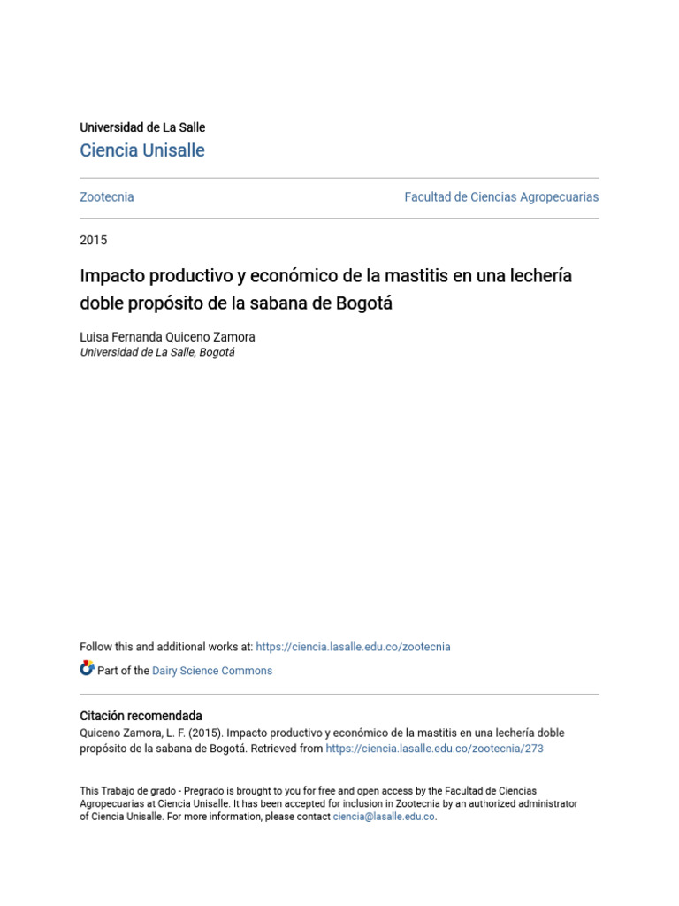 IMPACTO PRODUCTIVO Y ECONÓMICO DE LA MASTITIS EN UNA LECHERÍA DOBLE PROPÓSITO DE LA SABANA DE ...