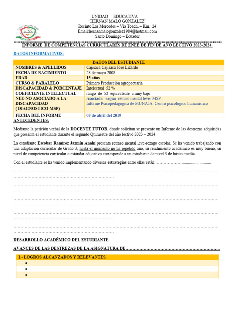 Modelo 2 Informe de Competencias Curriculares de Final de Año Lectivo 2024 | Descargar gratis ...