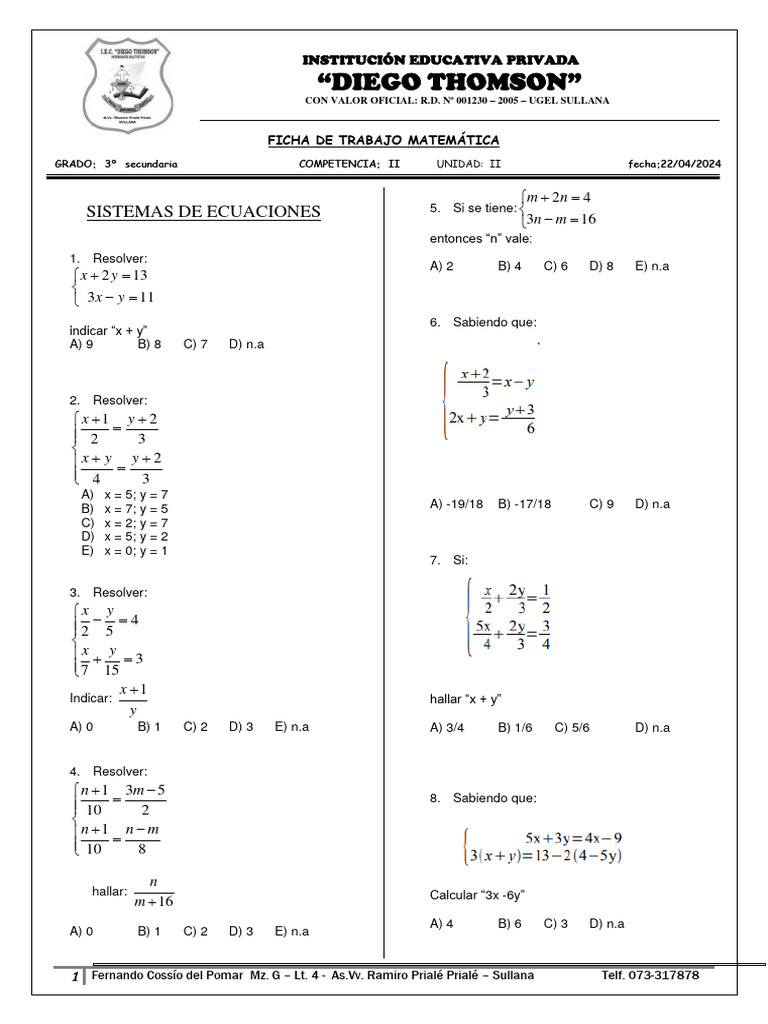 Ficha 2 Sistemas de Ecuaciones 3ro Sec | PDF | Aritmética | Números