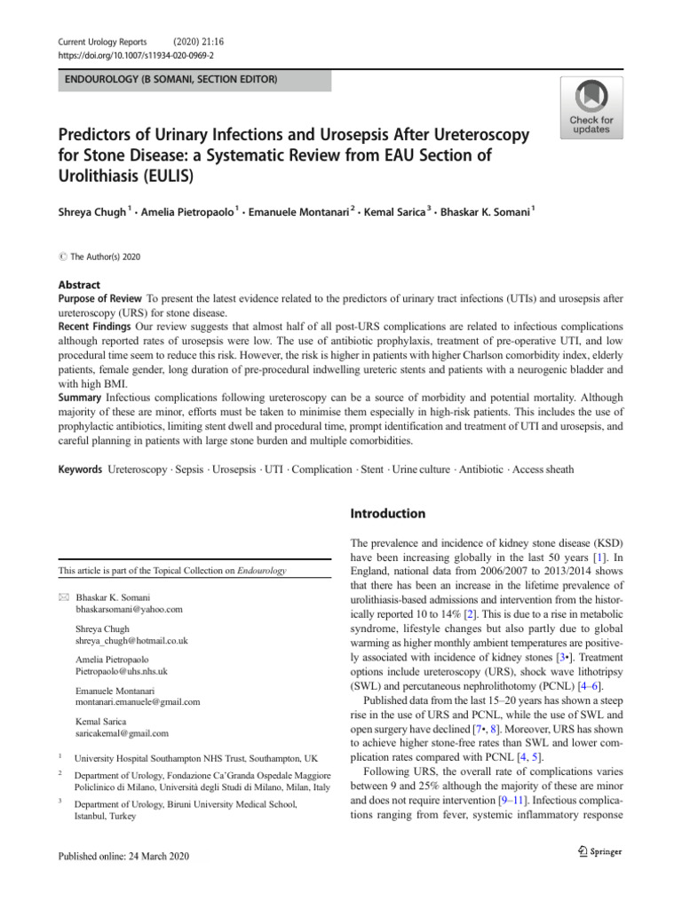 Predictors of Urinary Infections and Urosepsis After Ureteros ...